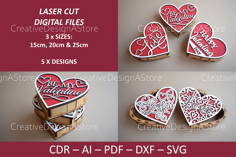 Heart Shaped Box Cutout File Jewelry Box DXF Laser Template Valentines ...