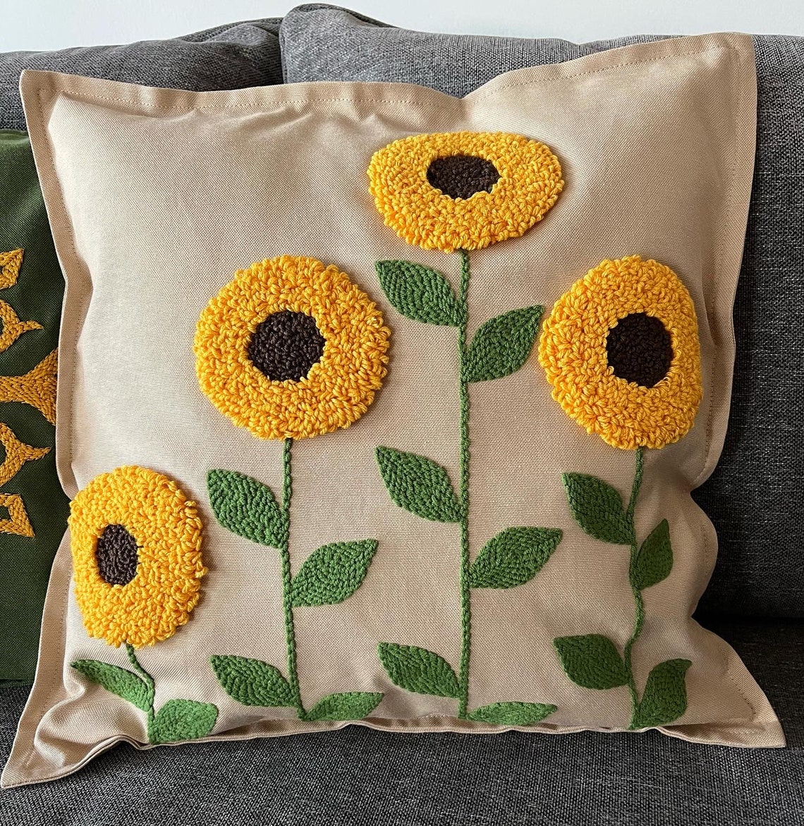 Punchneedle Embroidered Pillow Cover With Sunflower Embroidery - Etsy