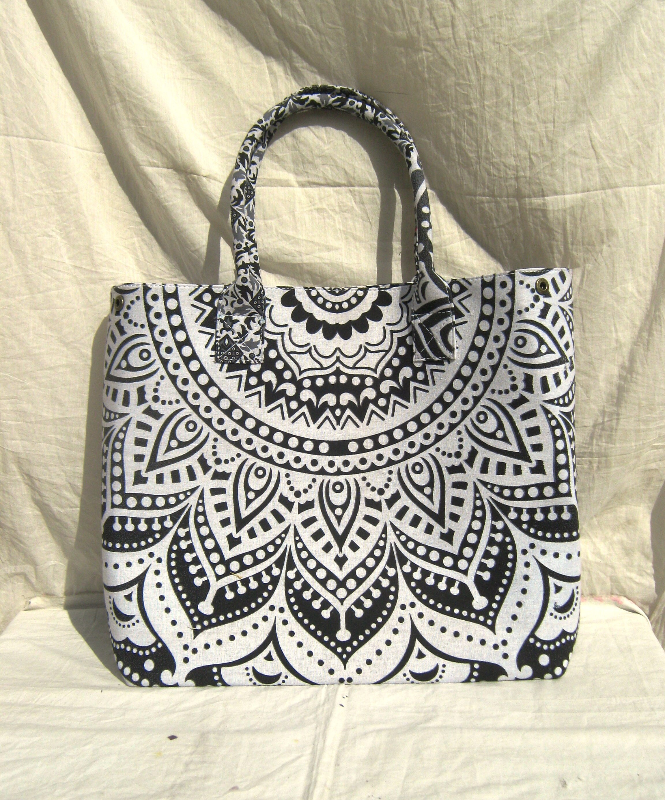 Black Ombre Mandala Art Indian Handmade Handbag Tote Bag Cotton Bag ...