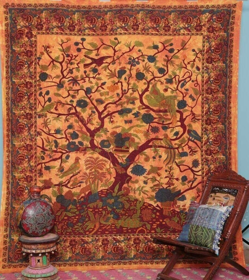 Orange Tree of Life Mandala Tapestry Wall Hanging Handmade Bedsheet ...