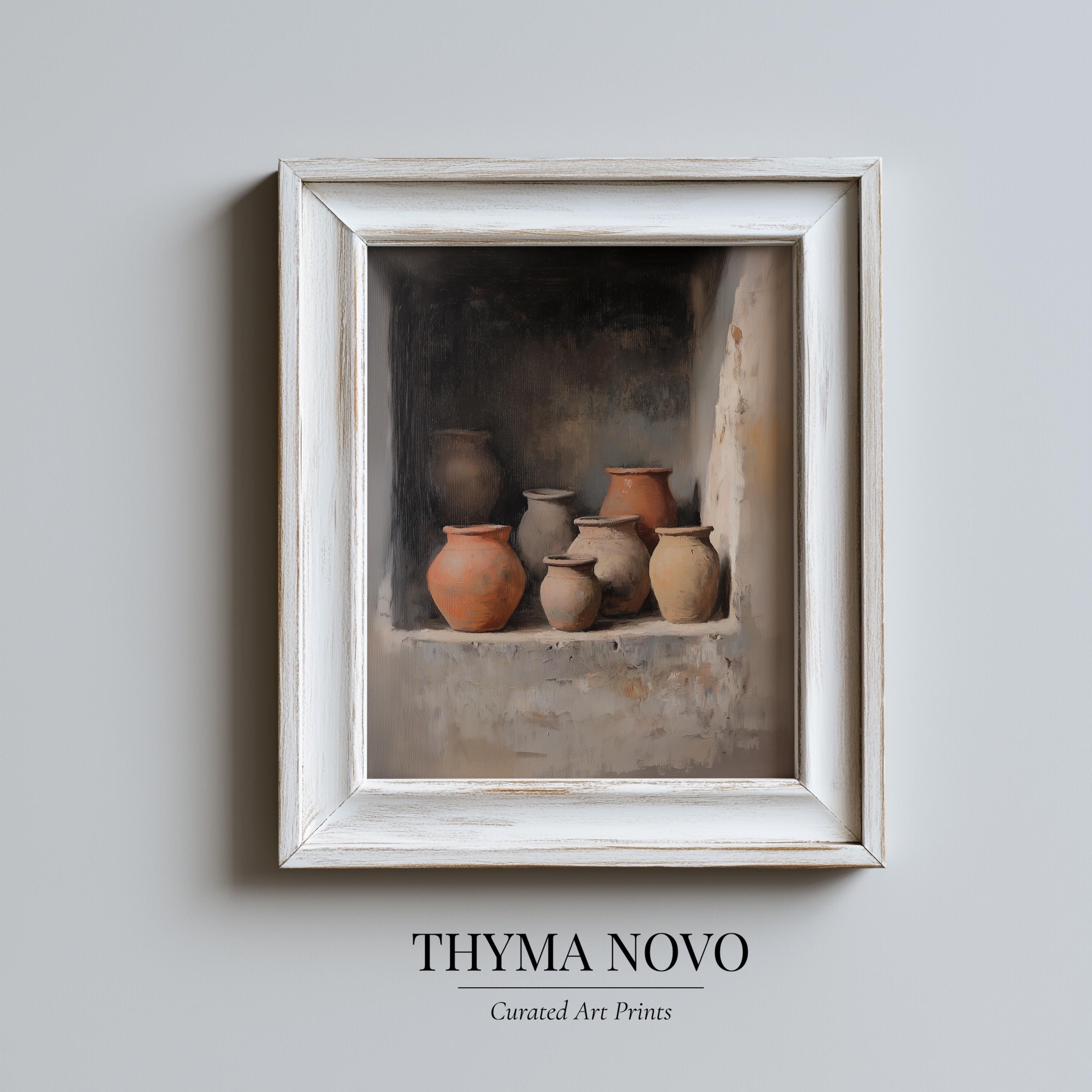 Rustic Clay Pots Still Life Painting - Vintage Farmhouse Wall Art ...