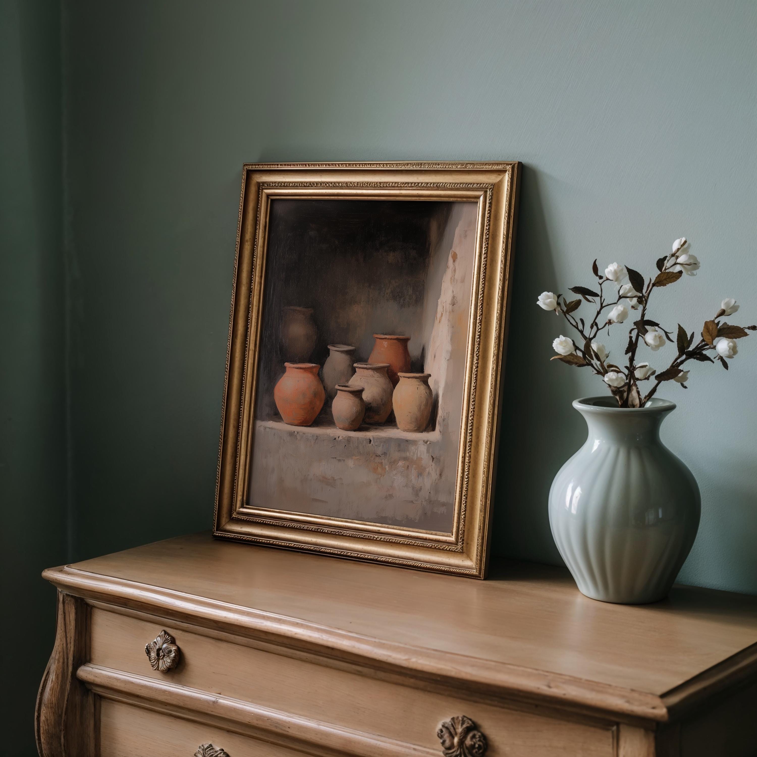 Rustic Clay Pots Still Life Painting - Vintage Farmhouse Wall Art ...
