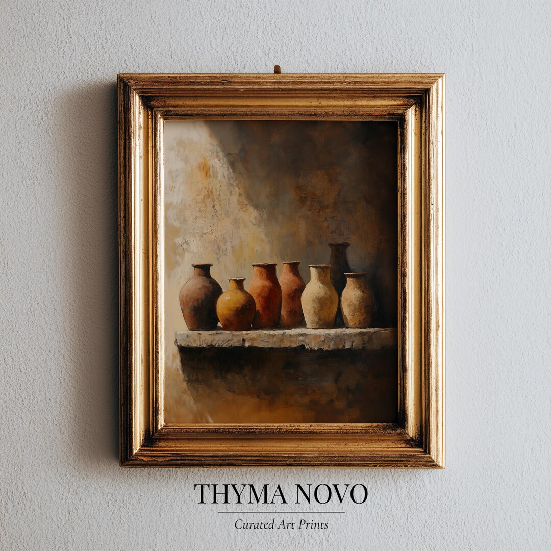 Rustic Clay Pots Still Life Painting - Earthy Farmhouse Decor, Vintage ...