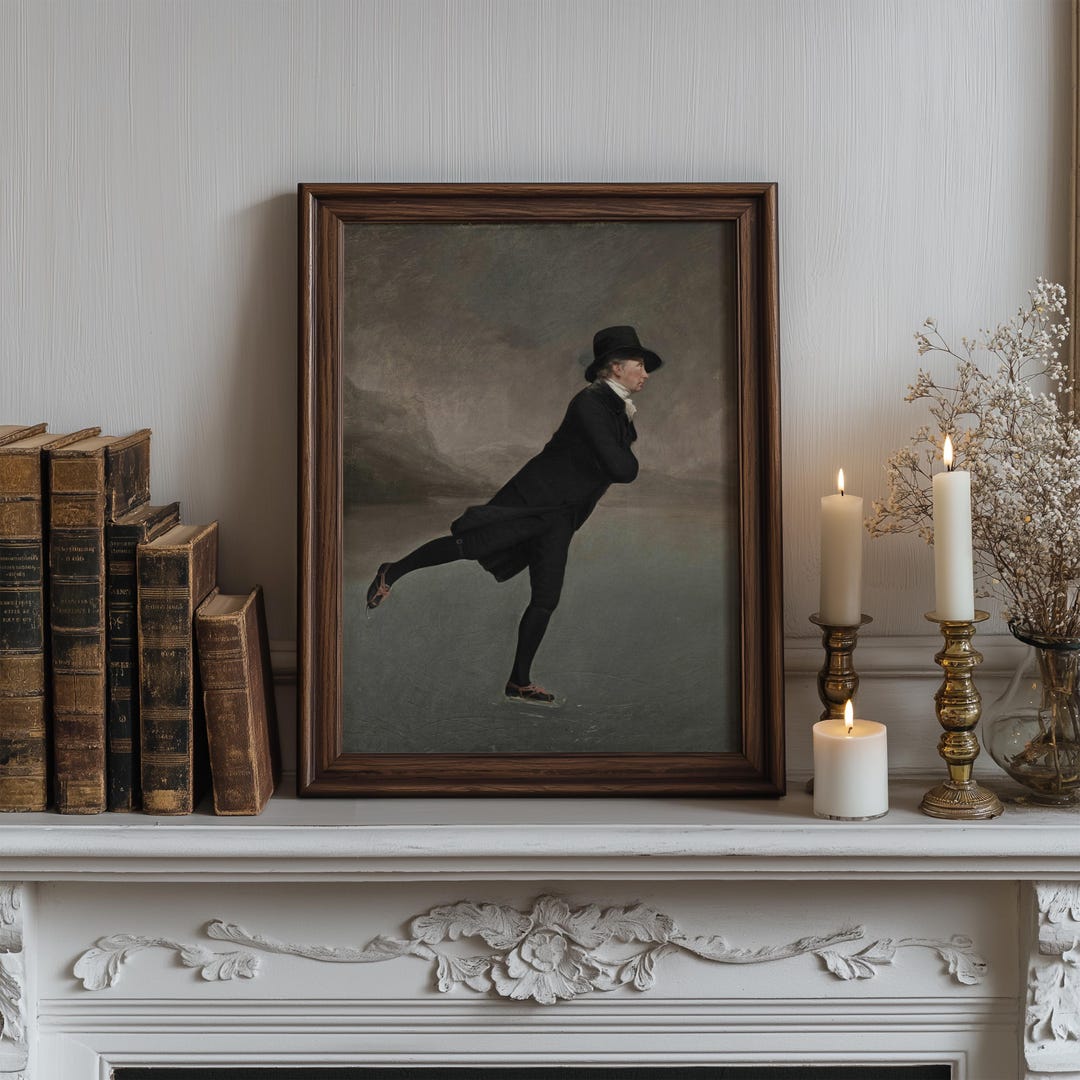 Moody Vintage Ice Skating Print, Gentleman Skating on Frozen Lake ...