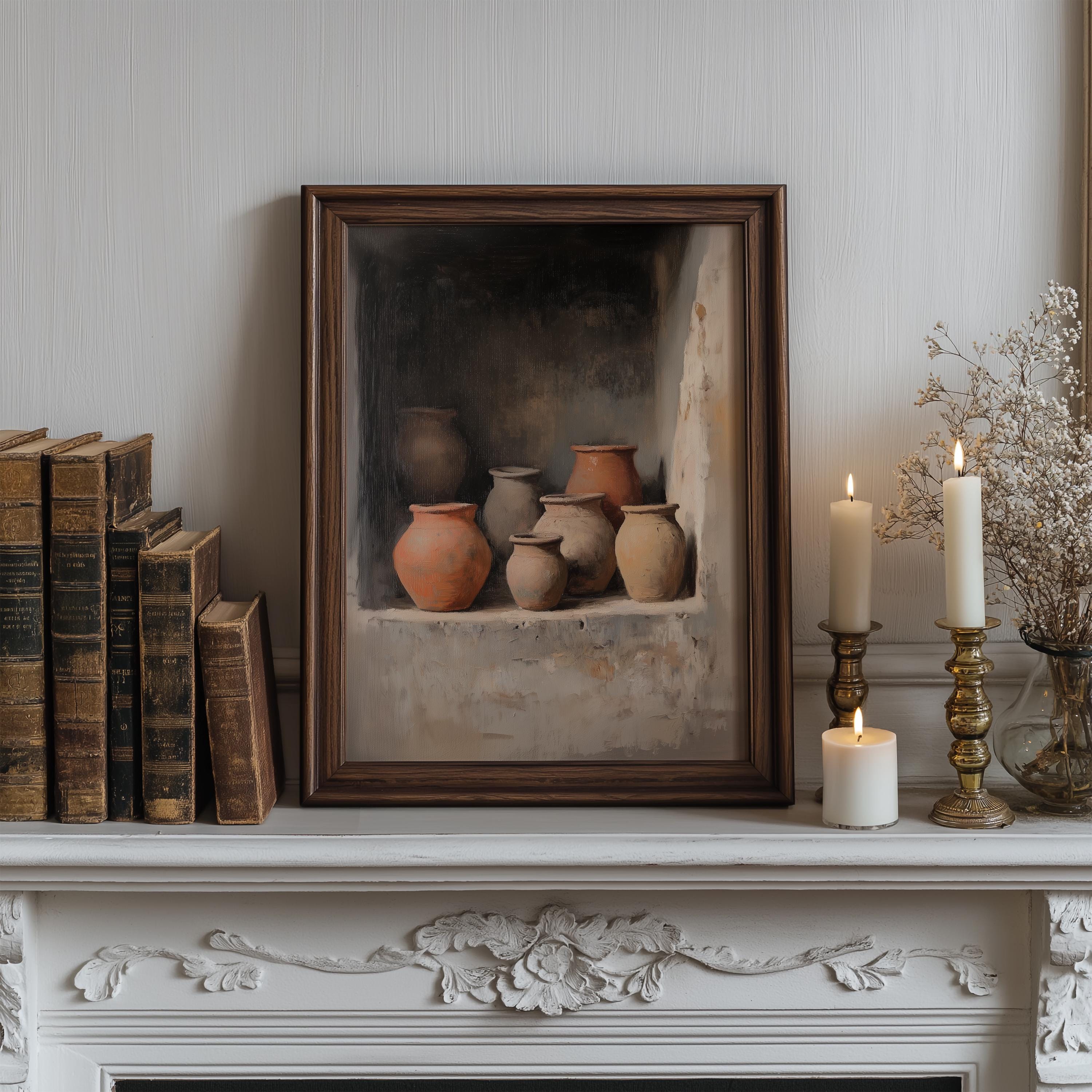Rustic Clay Pots Still Life Painting - Vintage Farmhouse Wall Art ...