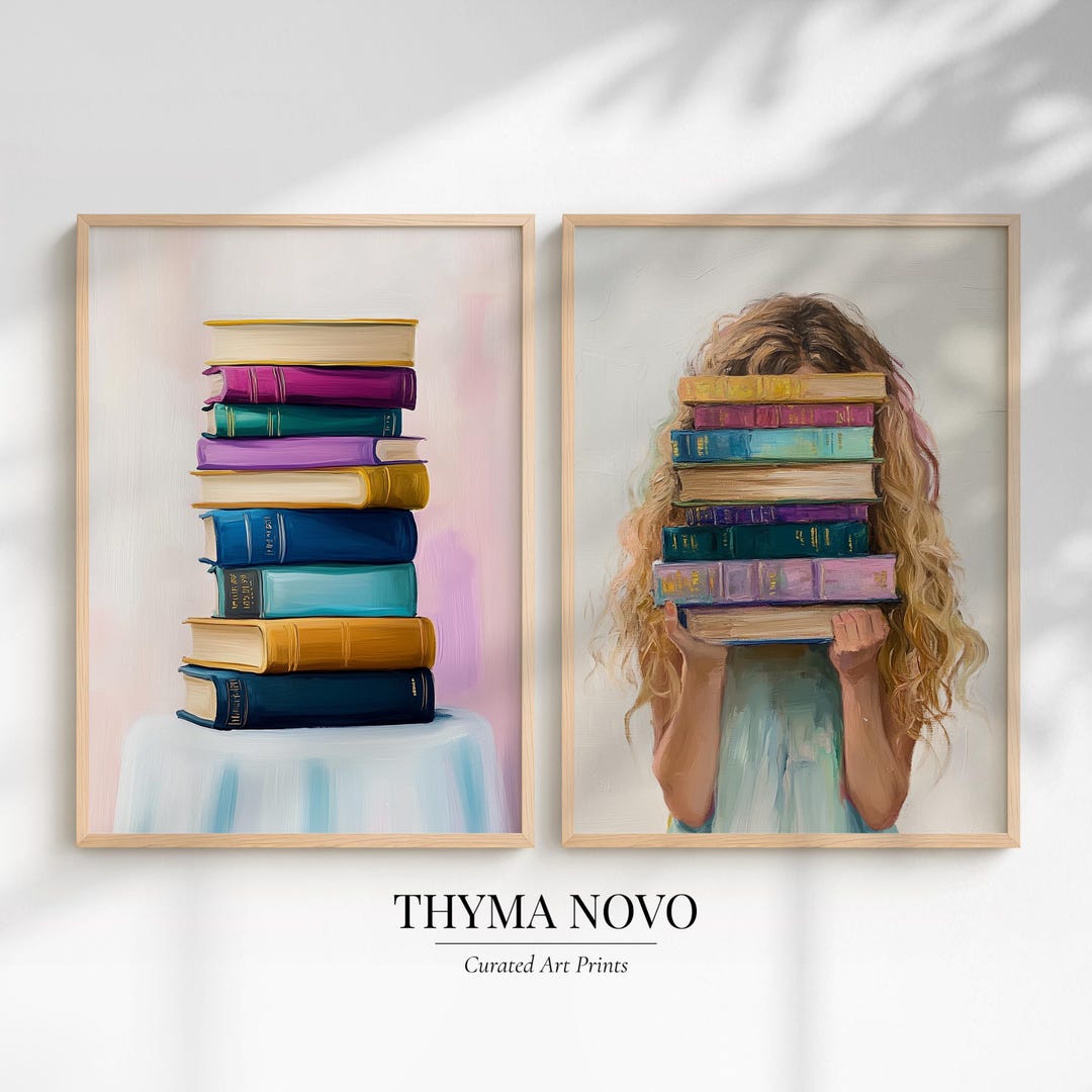 Girly Print Download Book Stack Poster Set of 2, Blonde Girl Reading ...
