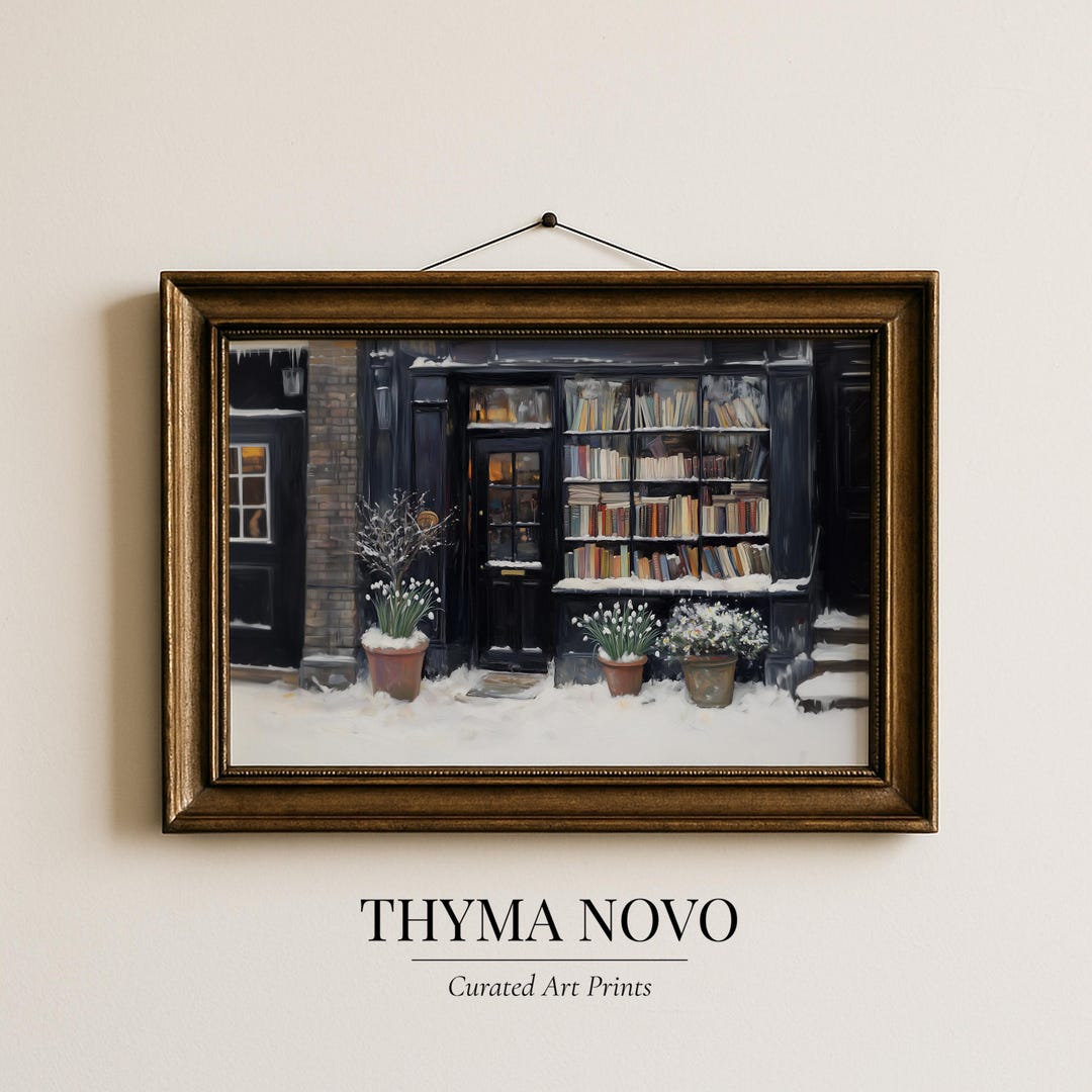 Vintage Bookshop in the Snow, Moody Winter Scene, Printable Wall Art ...