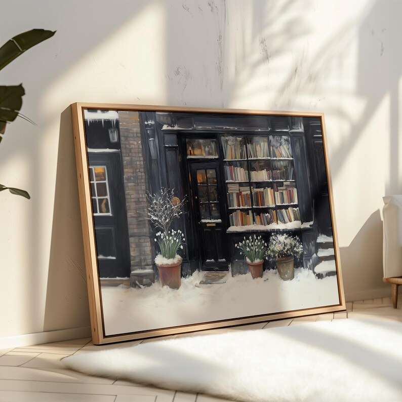 Vintage Bookshop in the Snow, Moody Winter Scene, Printable Wall Art ...