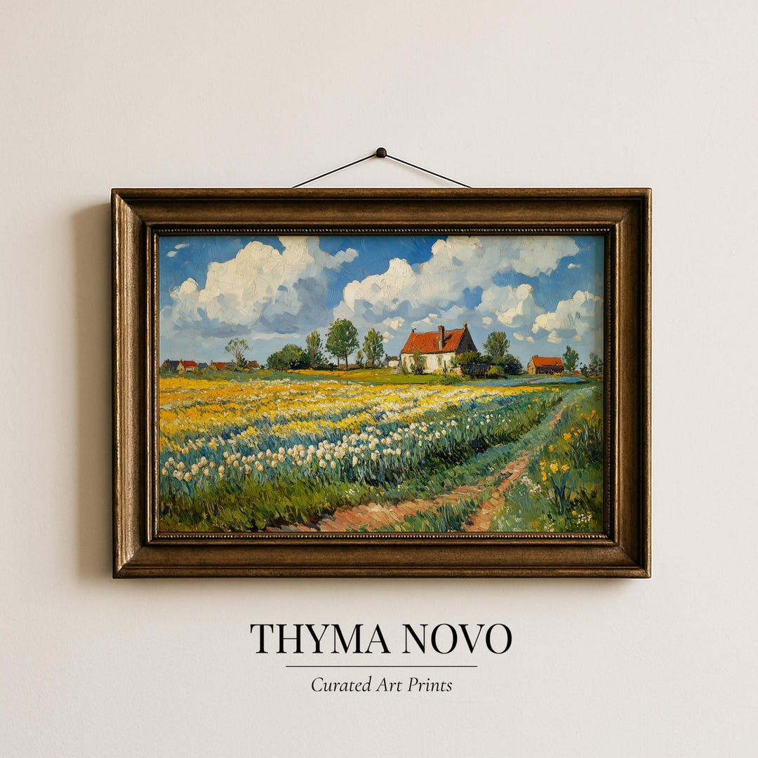 Spring Bulb Fields in Bloom Painting - Classic Cottagecore Art, Vintage ...