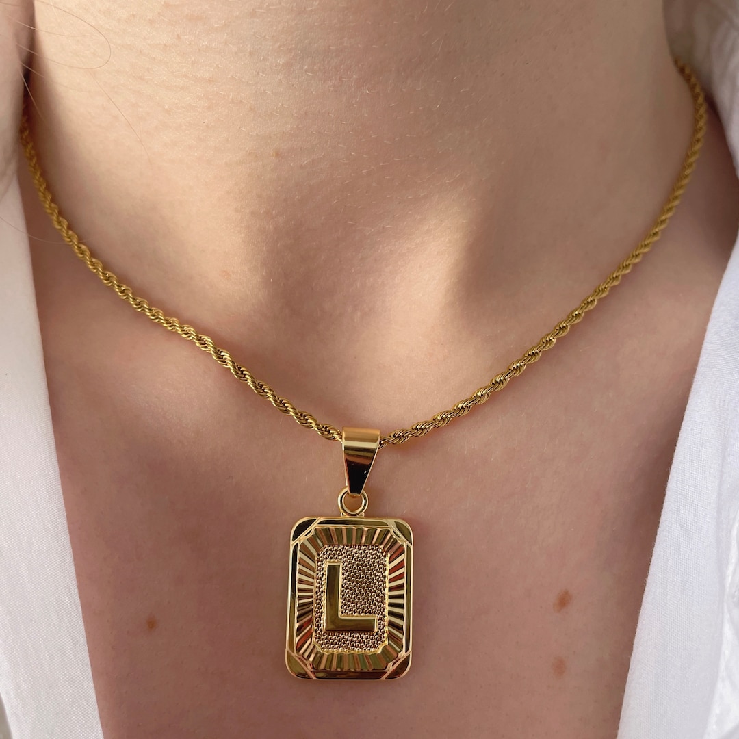 18 K Gold Initial Letter Necklace,medal Gold Letter Pendant ...