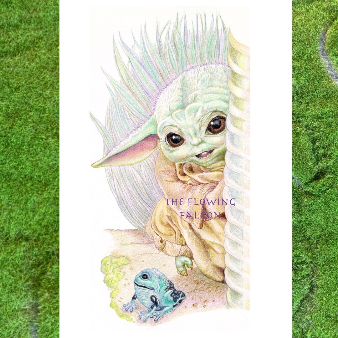 Cute Grogu With Frog 5x7 Art Print, Baby Yoda Tribute Art, Baby Yoda ...