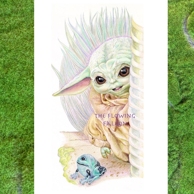 Cute Grogu With Frog 5x7 Art Print, Baby Yoda Tribute Art, Baby Yoda ...
