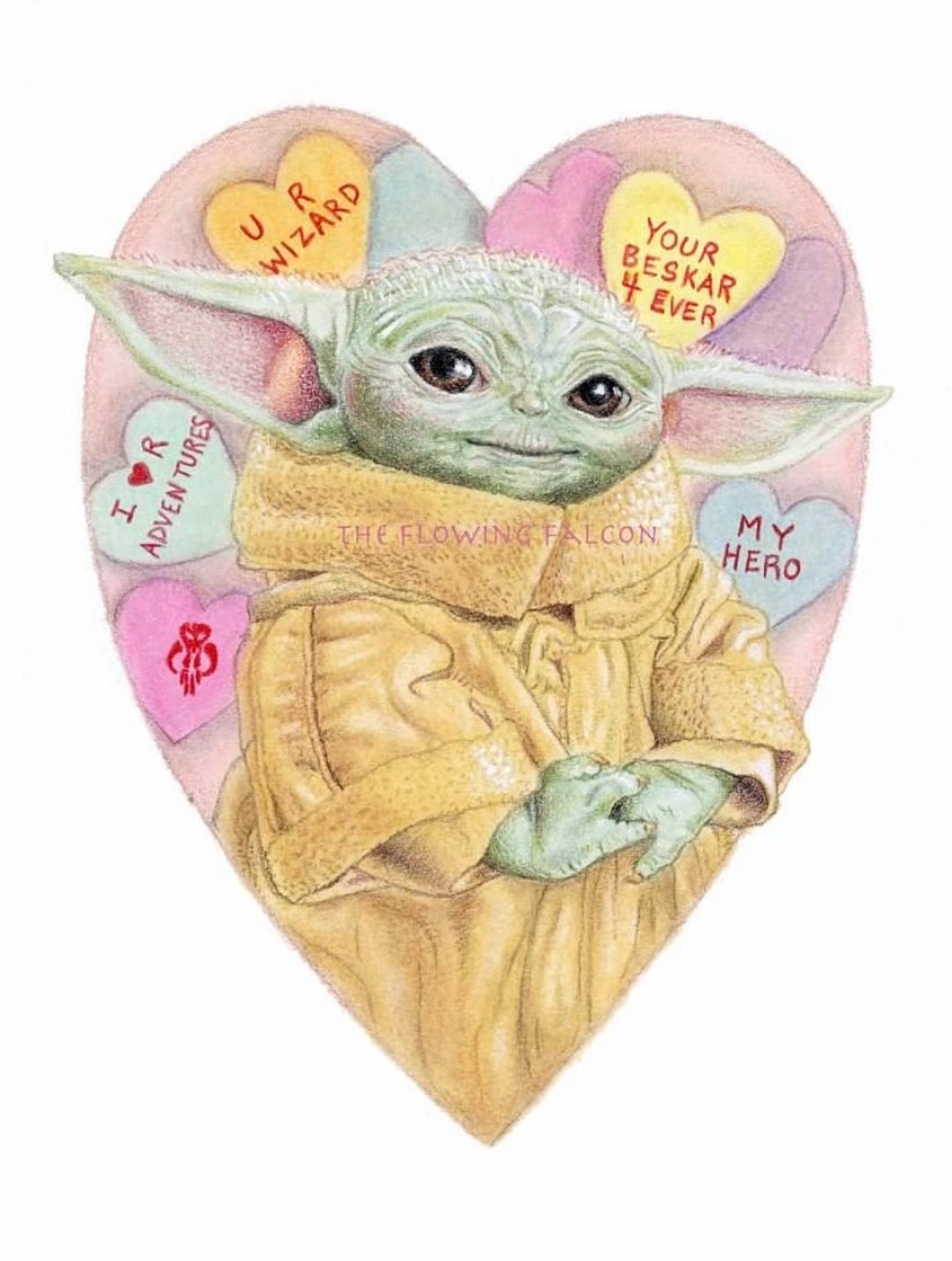Valentines Baby Yoda 5x7 Art Print, Grogu Art Print, Starwars Valentine ...