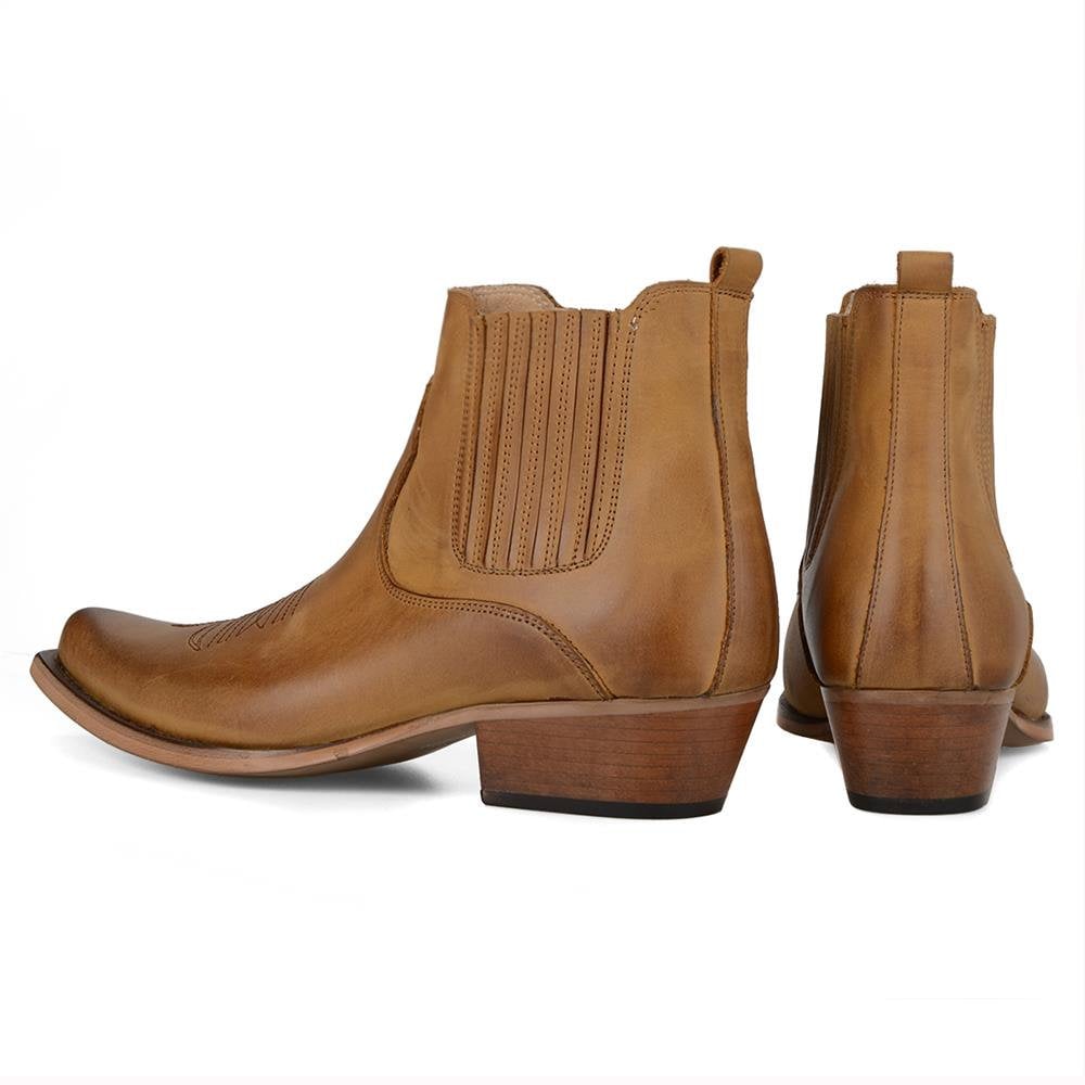 Footcourt Men Cowboy Ankle Boots Tan Genuine Leather Western Ankle ...