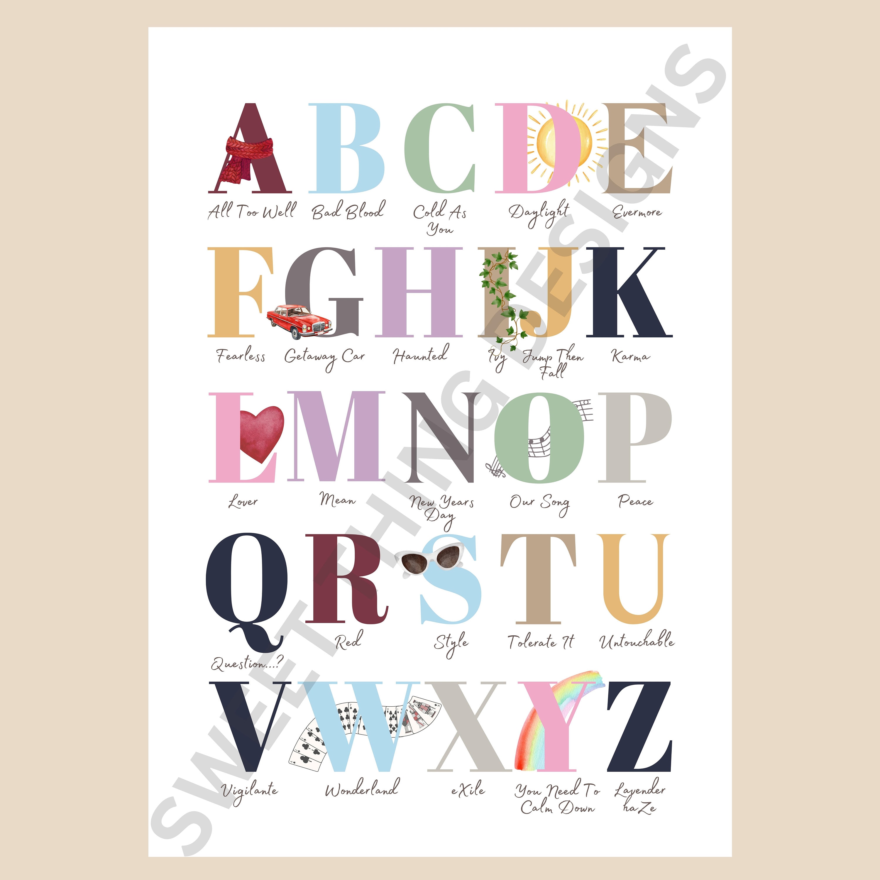 Taylor Swift Alphabet Poster Printable Wall Art Digital - Etsy Canada