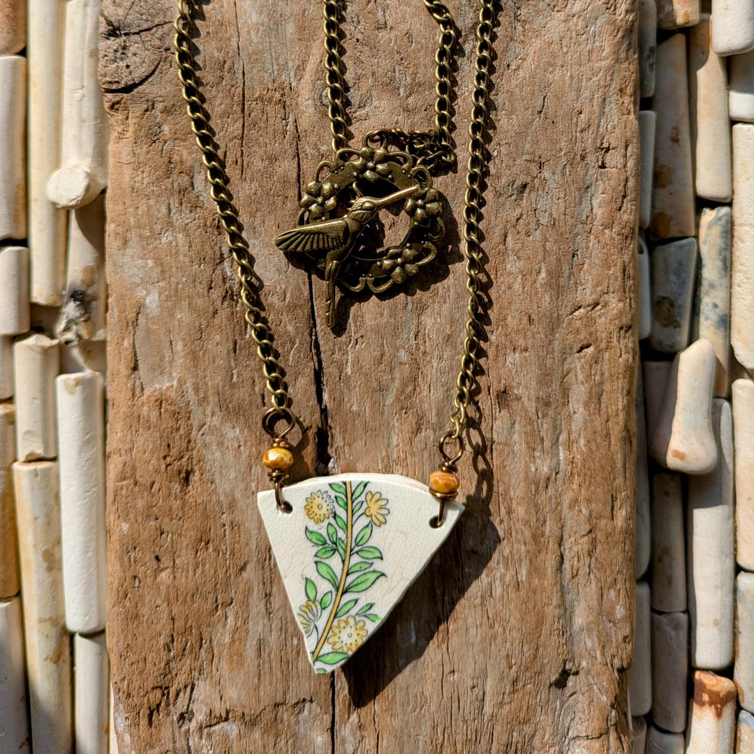 Handmade Upcycled Vintage Floral Pottery Pendant Necklace Combined With ...