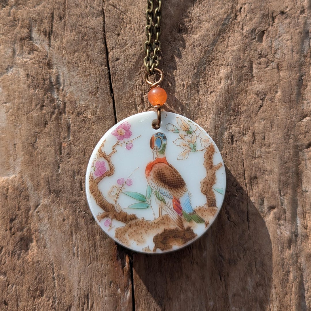 Handmade Upcycled Vintage Chinese Bird Plate Pendant Necklace Combined ...