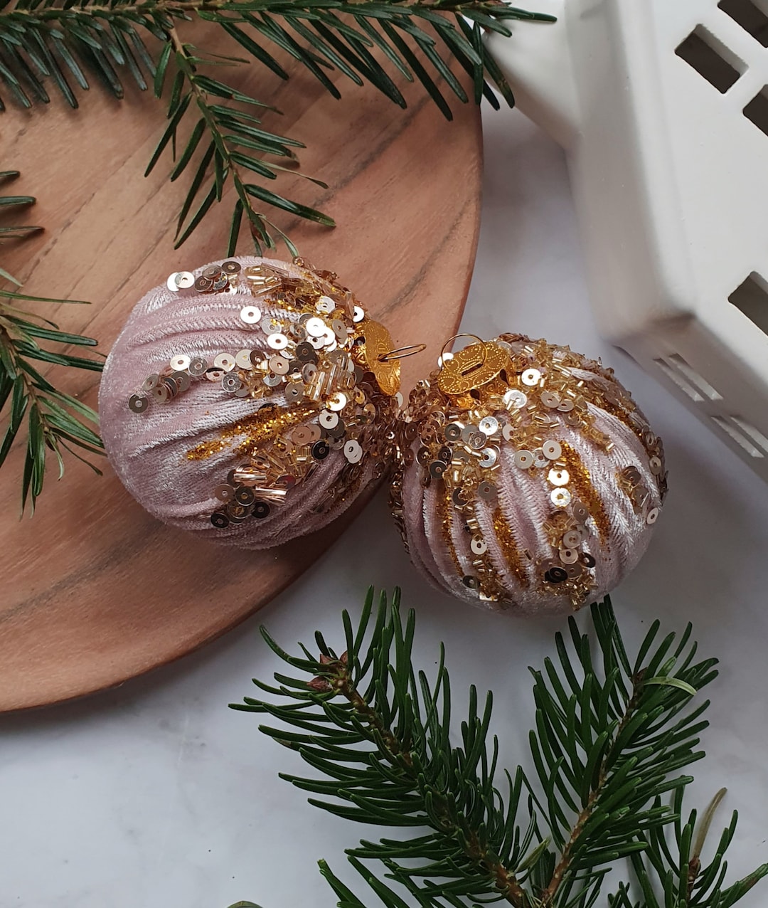 Set of 2 Velvet Christmas Baubles Dusty Rose Gold Ornaments Dusty Pink ...