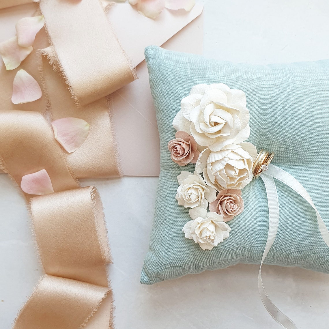 Wedding Ring Pillow Linen Sage Green Blush Bearer Pillow Classic Ring ...