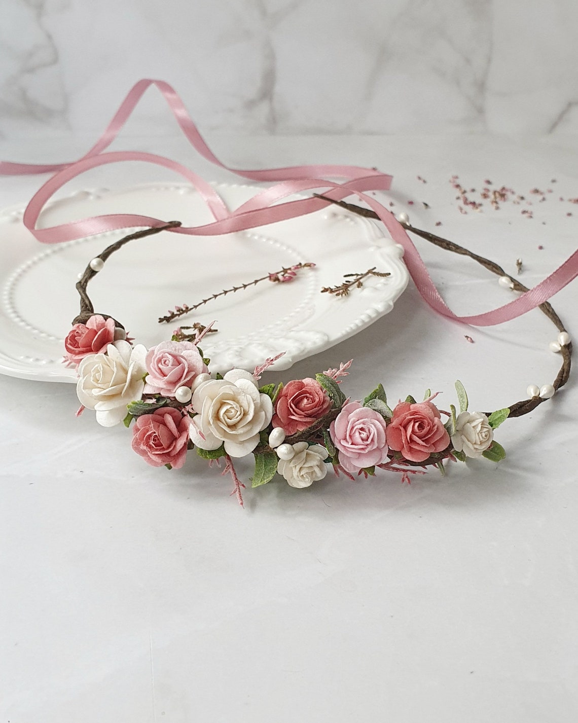 Wedding Blush Coral Flower Crown Bridal White Pink Dainty Headpiece ...