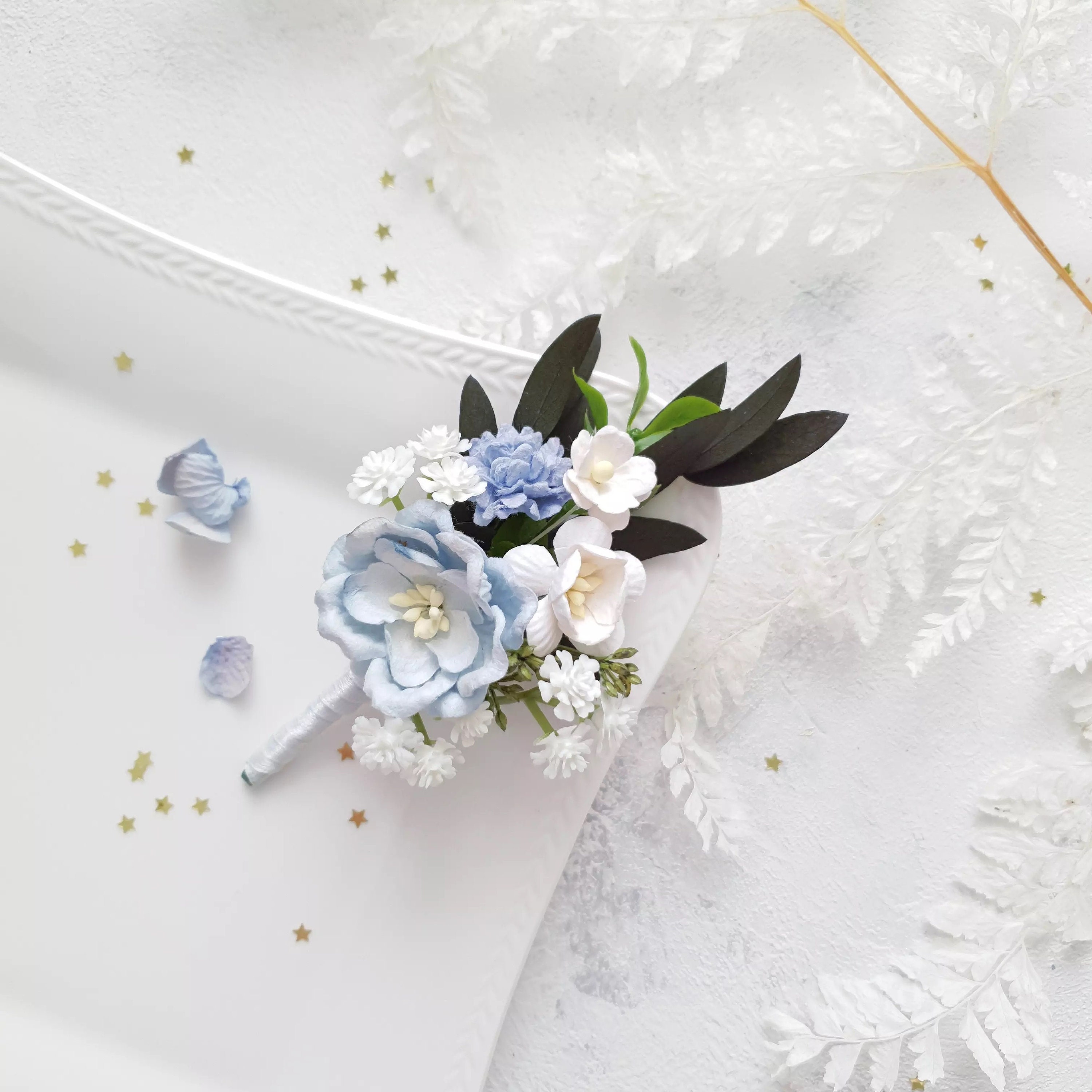 Blue Flower Baby Breath Boutonniere Boho Groom Flowers Woodland Wedding ...