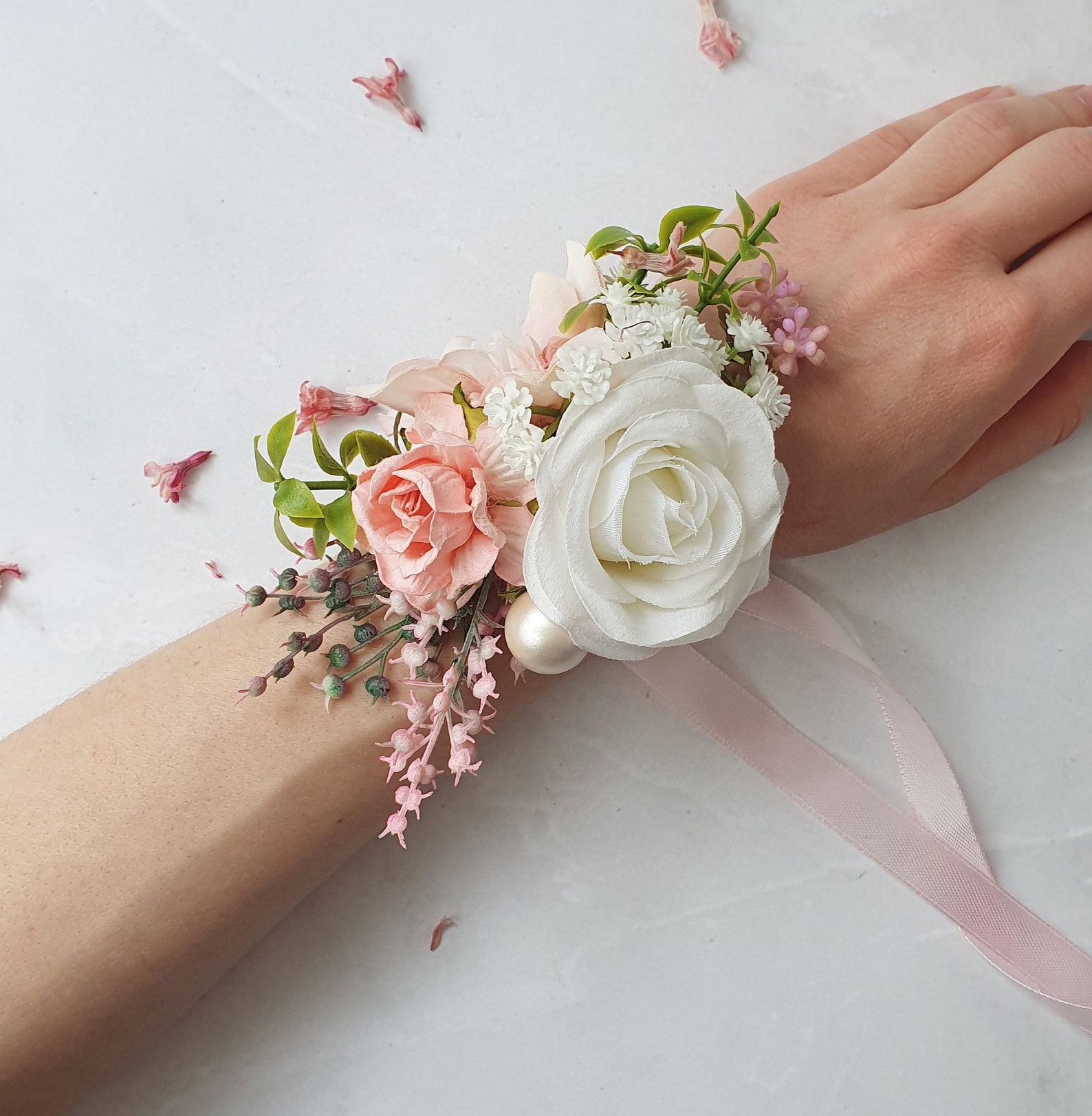 Blush White Lilac Wrist Corsage Bridal Flower Bracelet Prom Blush Coral ...