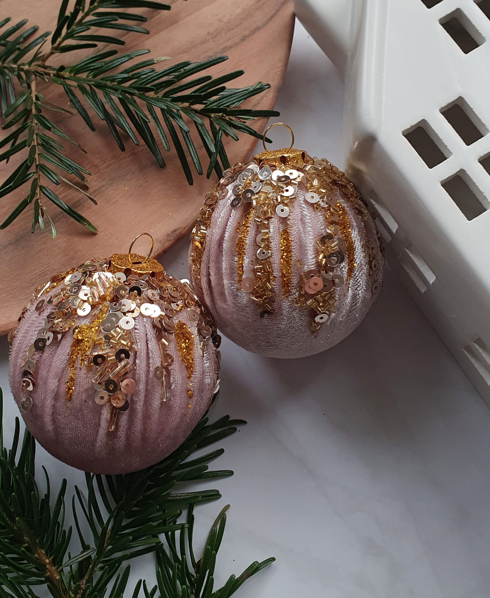 Set of 2 Velvet Christmas Baubles Dusty Rose Gold Ornaments Dusty Pink ...