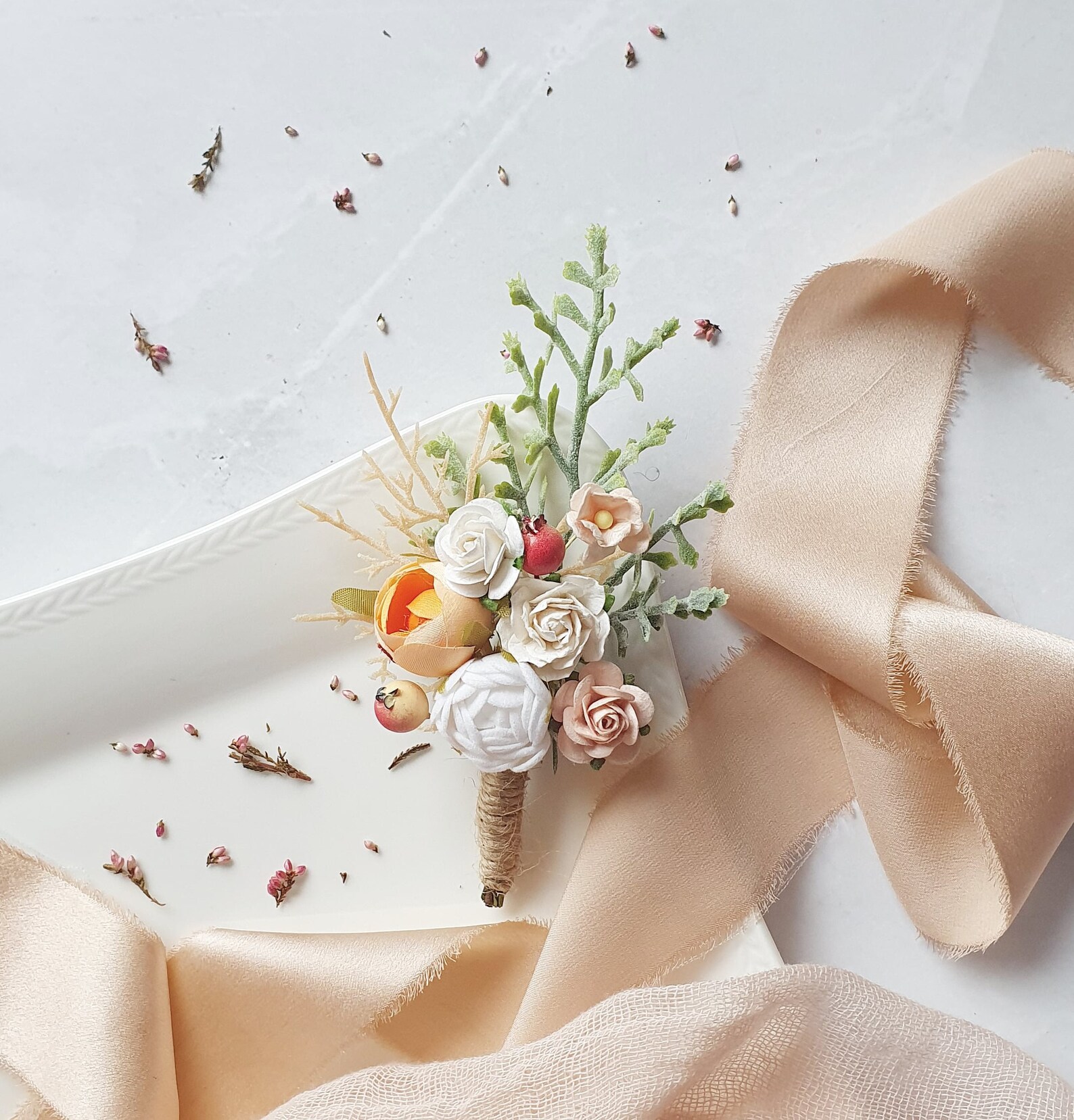 Pale Peach Blush Boutonniere Boho Groom Flowers Burnt Orange Woodland ...