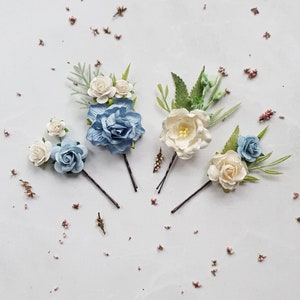 Blue White Flower Pins Dusty Hair Pins Blue Flower Hairpiece Bridal ...