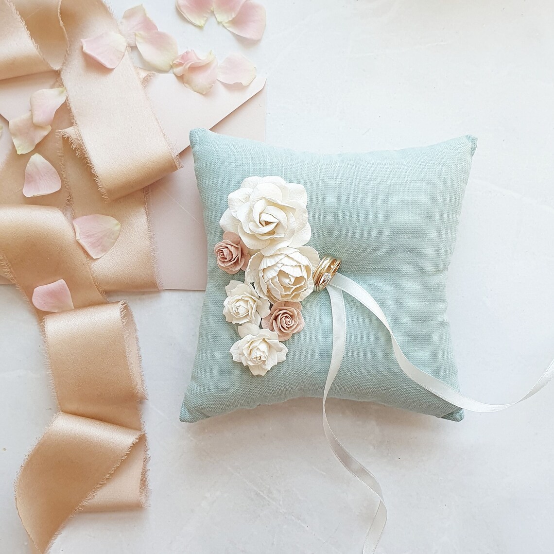 Wedding Ring Pillow Linen Sage Green Blush Bearer Pillow Classic Ring ...