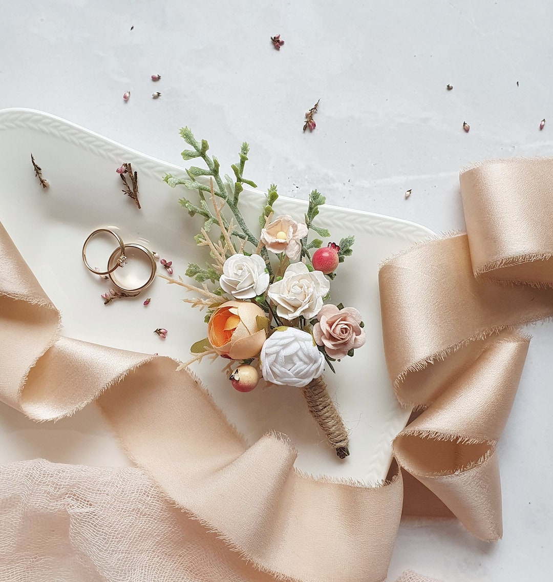 Pale Peach Blush Boutonniere Boho Groom Flowers Burnt Orange Woodland ...