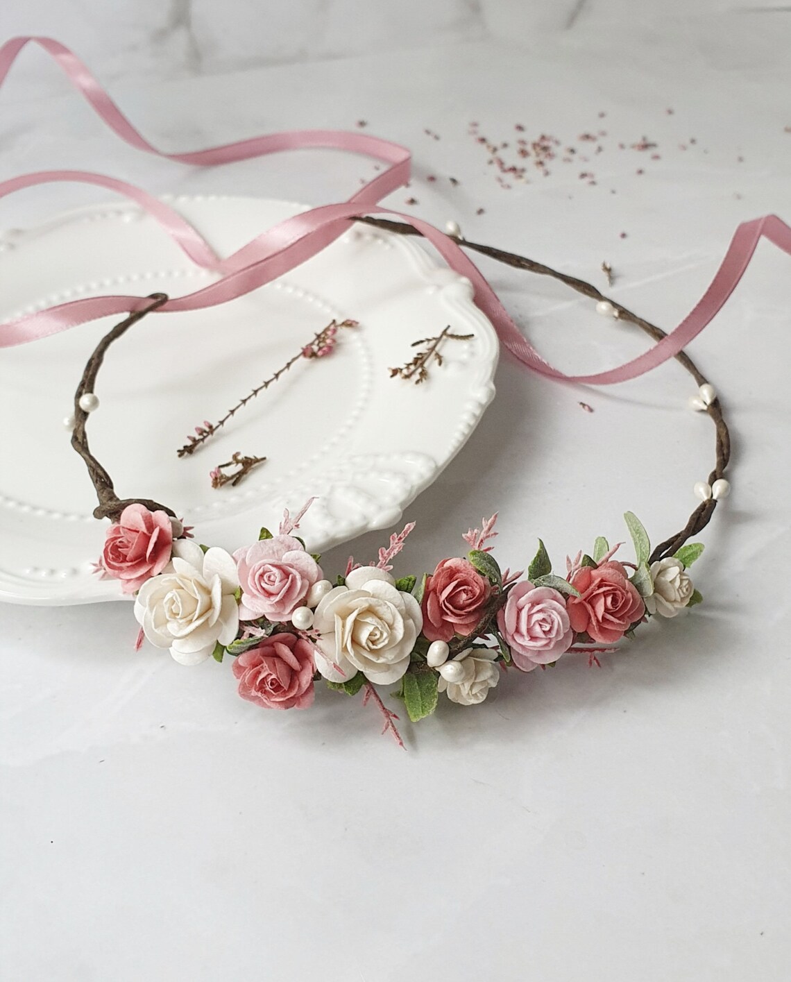 Wedding Blush Coral Flower Crown Bridal White Pink Dainty Headpiece ...