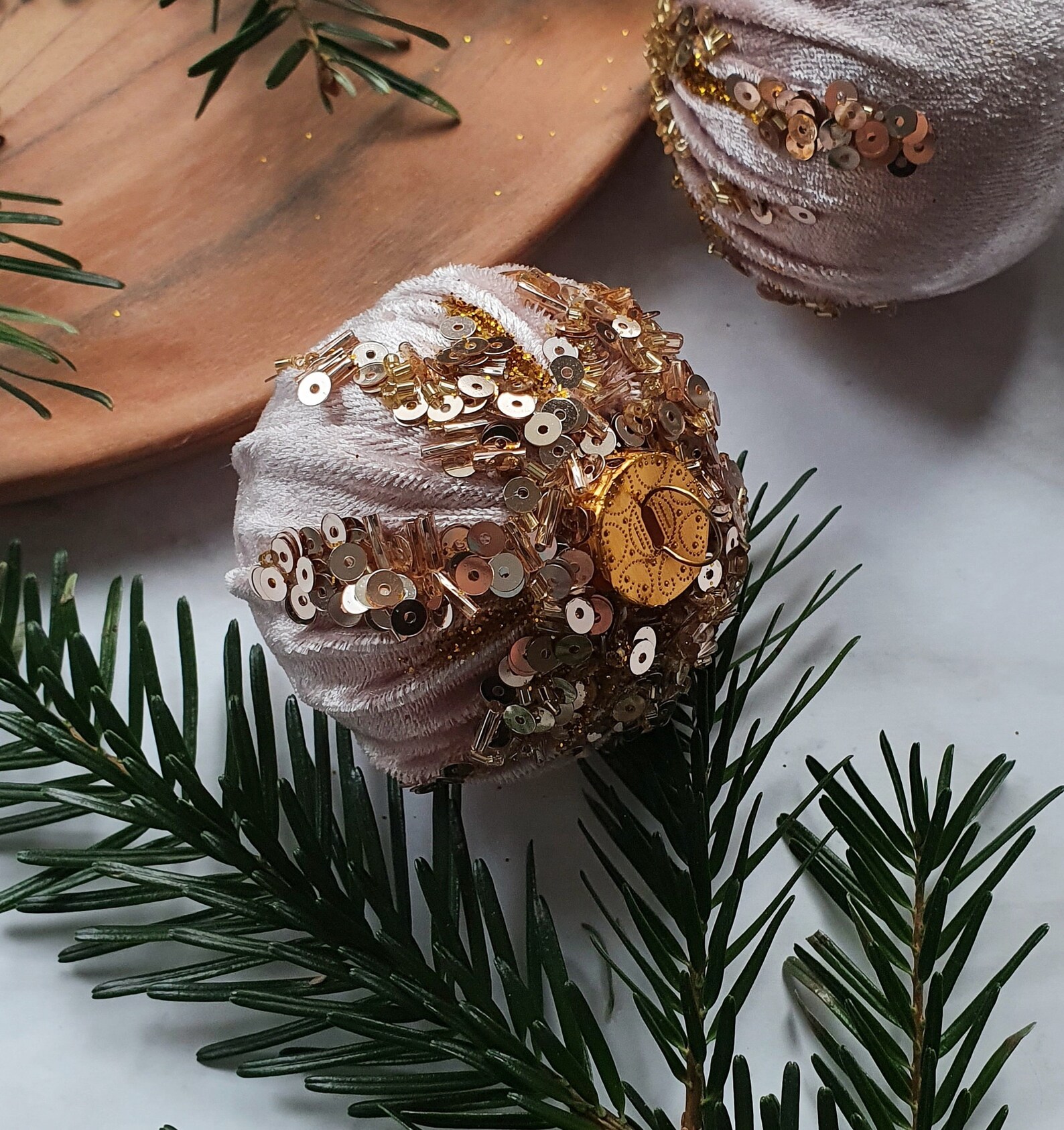 Set of 2 Velvet Christmas Baubles Dusty Rose Gold Ornaments Dusty Pink ...