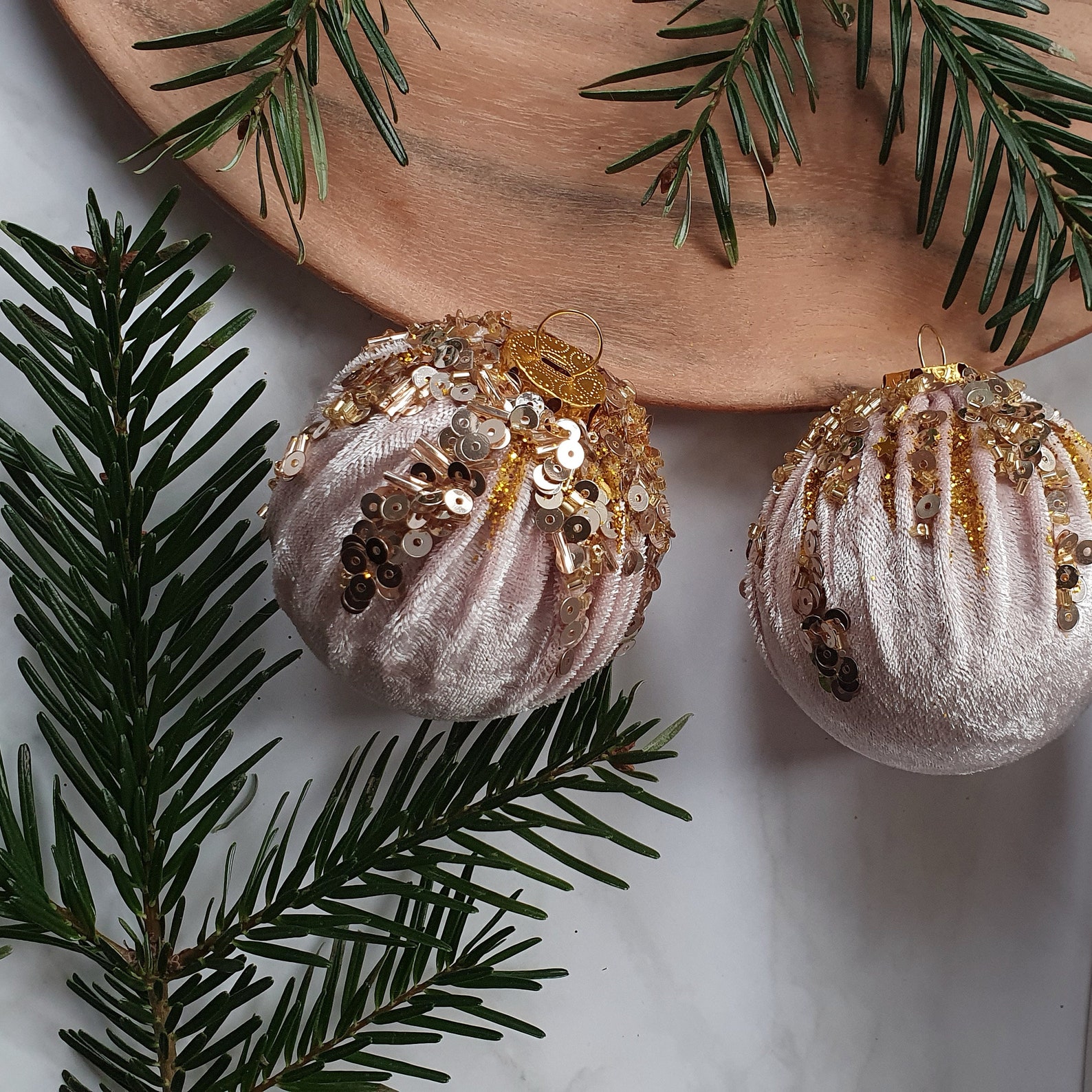 Set of 2 Velvet Christmas Baubles Dusty Rose Gold Ornaments Dusty Pink ...