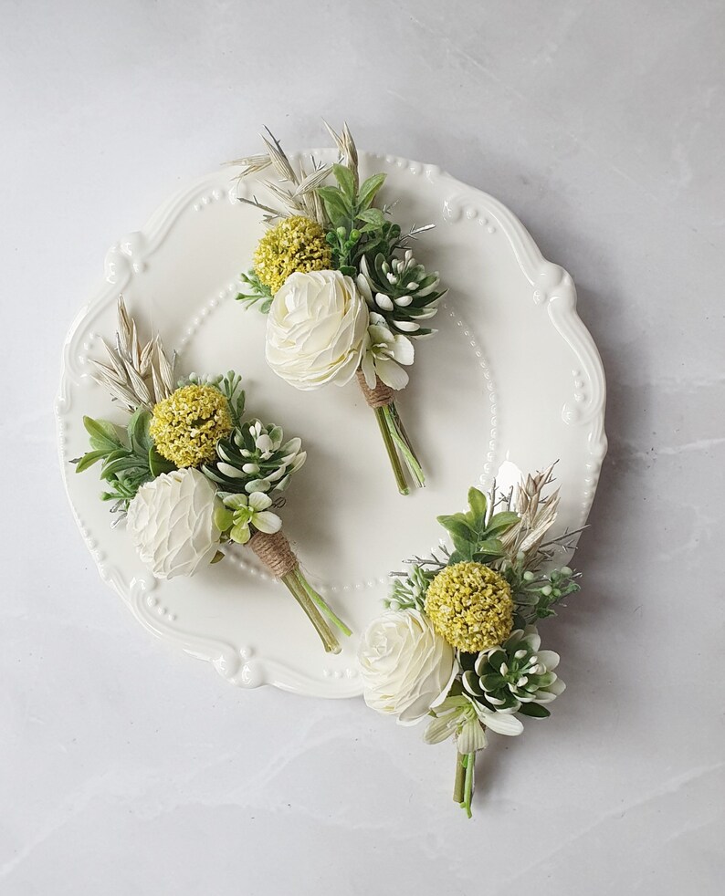 Boho Summer Yellow Boutonniere Wedding Succulent Groom Flowers Spring ...