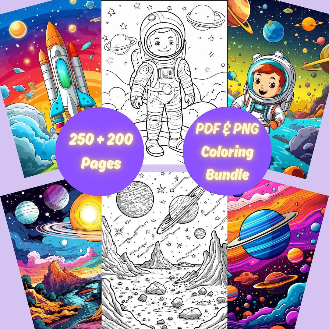 Space Themed Coloring Book, 200+250 Pages Bundle, Astronauts, Rockets ...