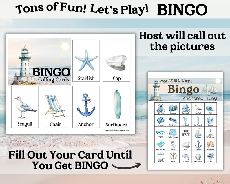 Coastal Bingo Printable, Dusty Blue Ocean Nautical Bingo, Seaside ...