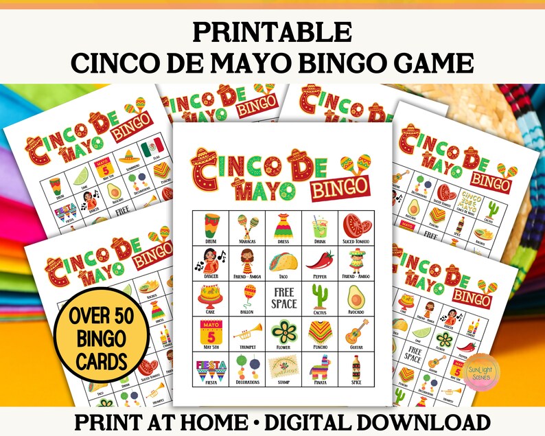 Printable Cinco De Mayo Bingo Game Cards, Mexican Taco Tuesday Night ...