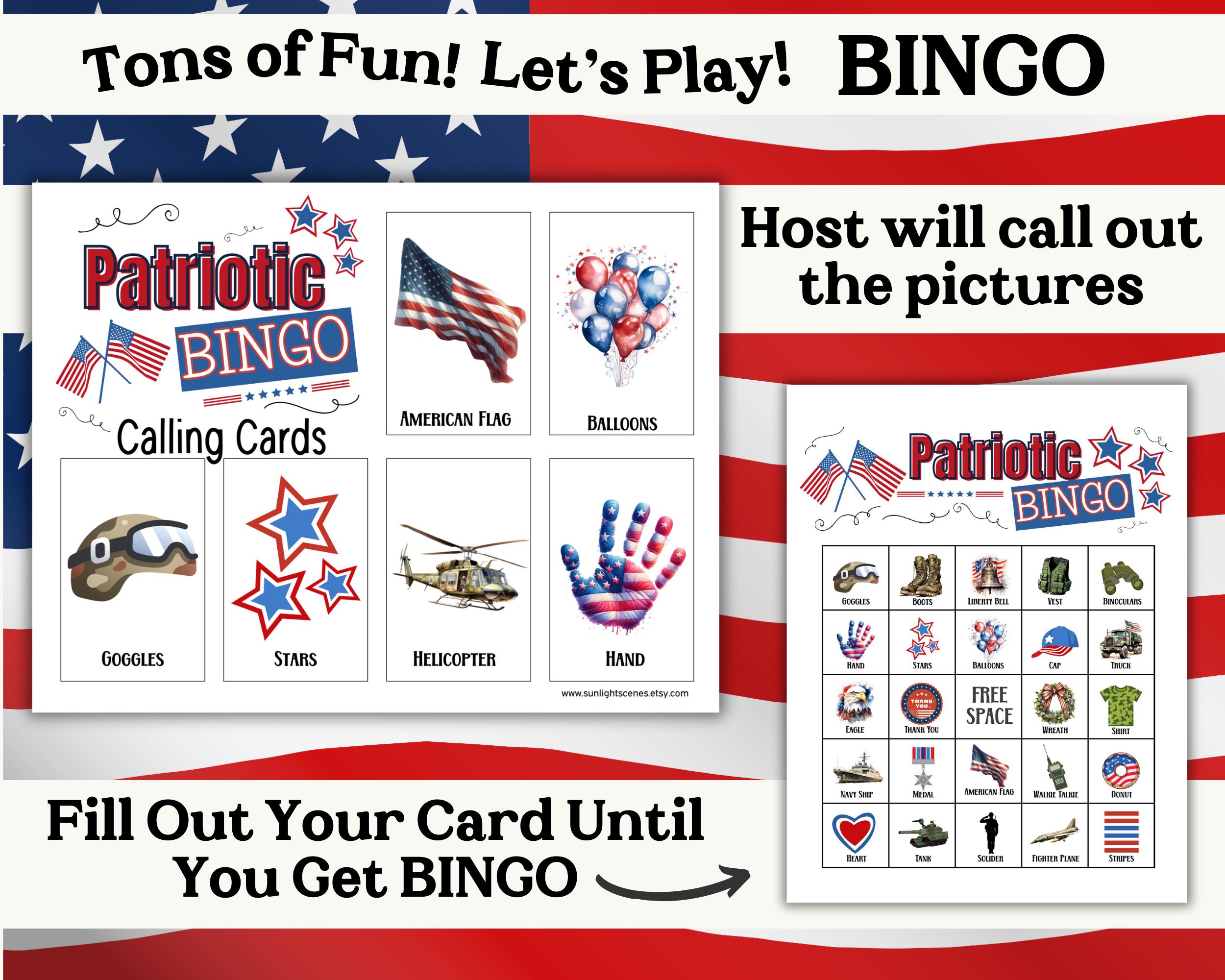 Patriotic Printable Bingo Cards, Veterans Day Party Game, USA Memorial ...