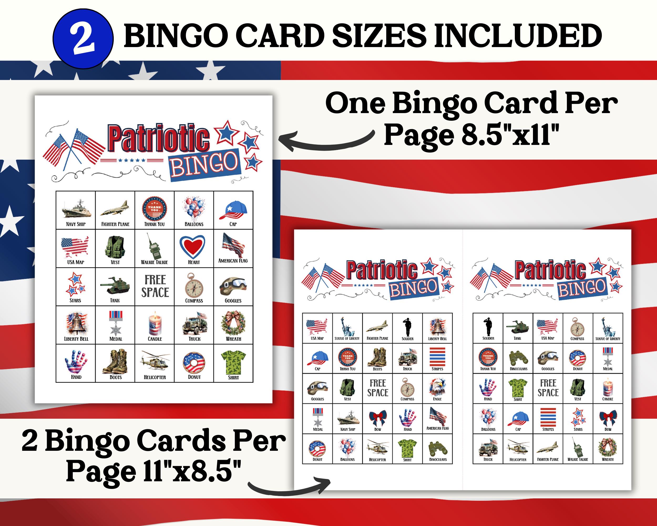 Patriotic Printable Bingo Cards, Veterans Day Party Game, USA Memorial ...