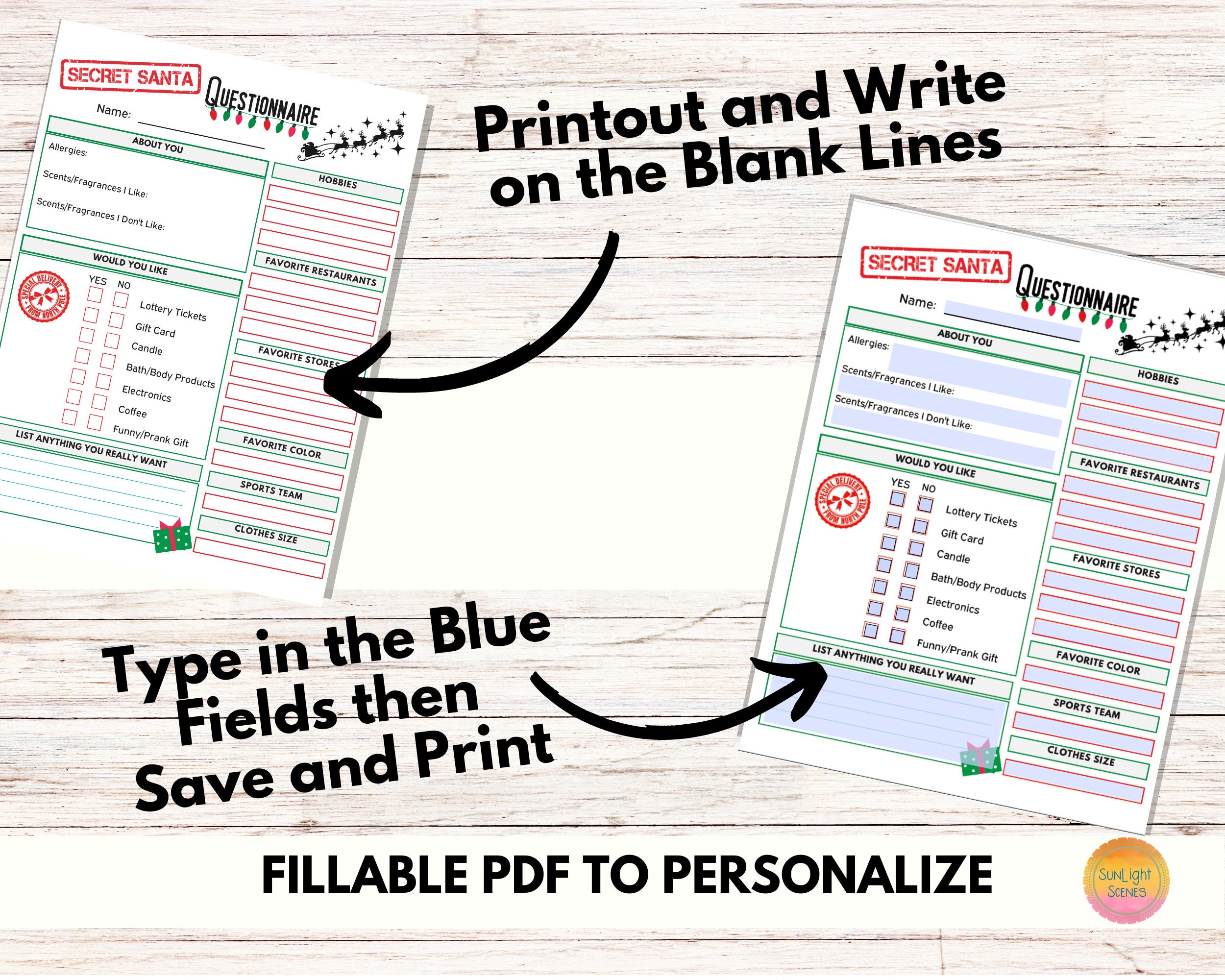 Secret Santa Questionnaire Fillable PDF, Office Party Gift Exchange ...