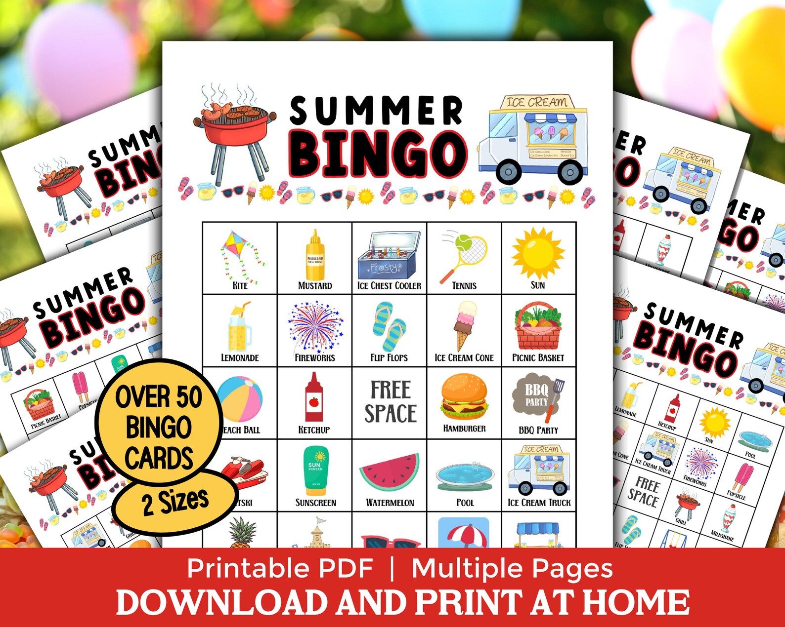 Summer Printable Bingo Cards, Ice Cream Social Kids Birthday Party, 100 ...