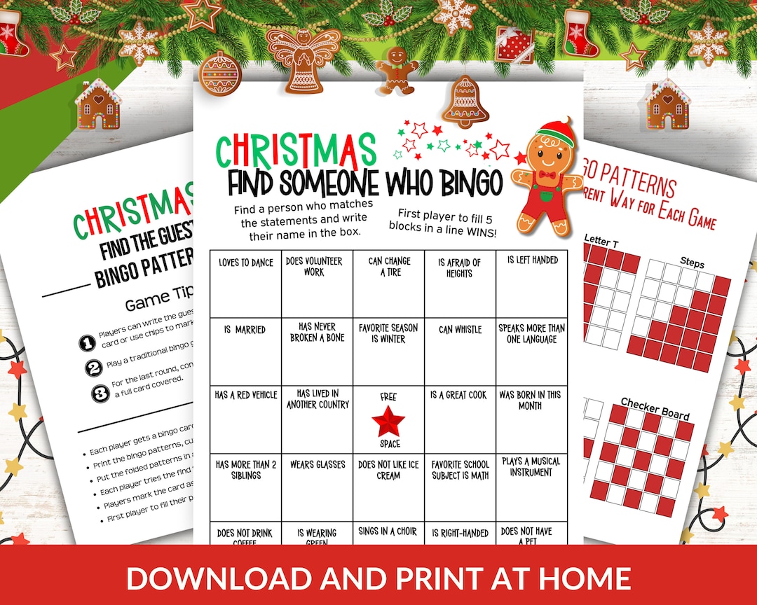 Christmas Find Someone Who Game, Holiday Human Person Bingo Gingerbread ...