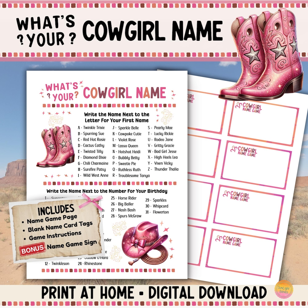 What's Your Cowgirl Name Game Printable PDF, Nash Bash Cowgirl Name ...