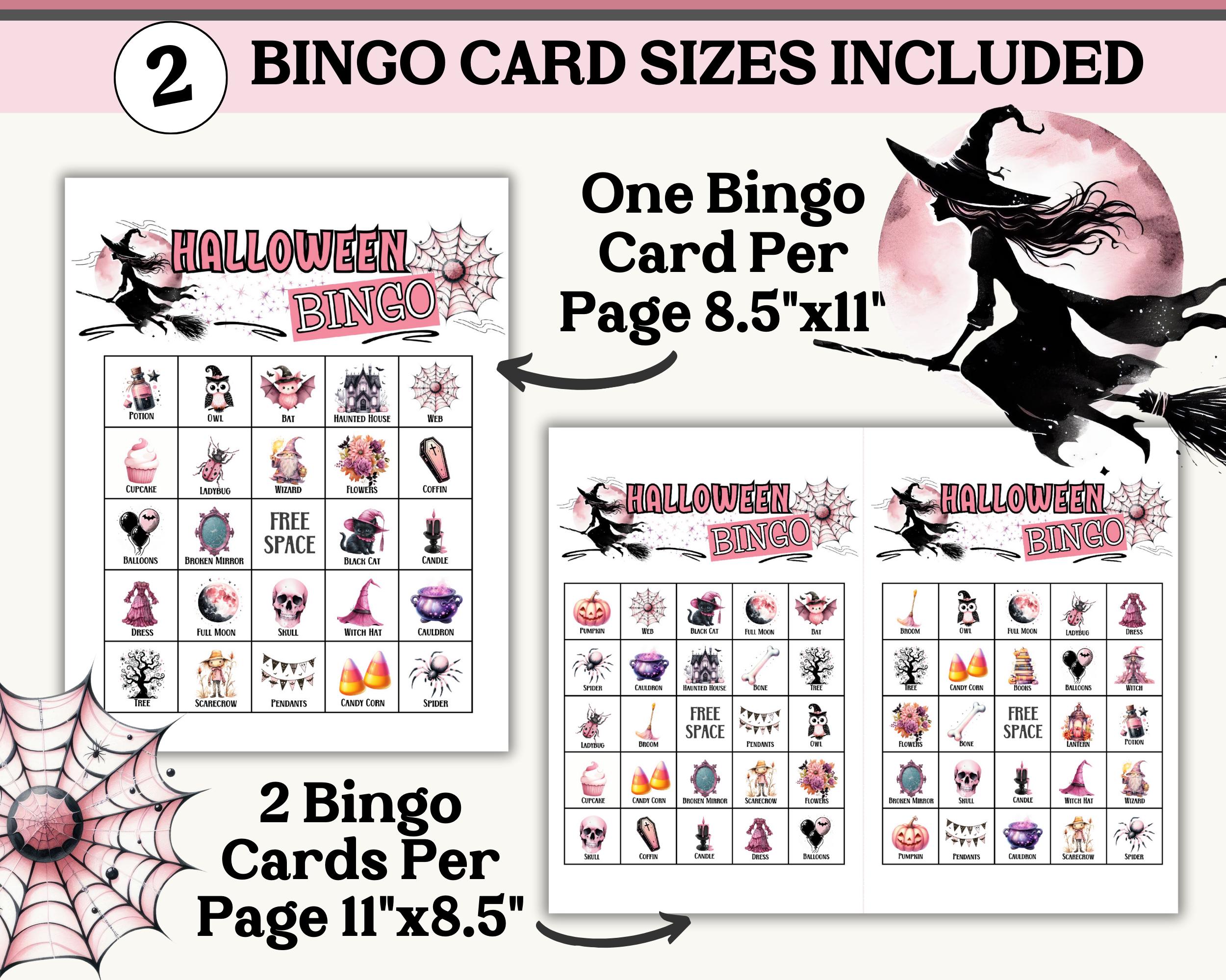 Pink Halloween Bingo Game Printable PDF, 100 Bingo Cards Bundle, Witch ...