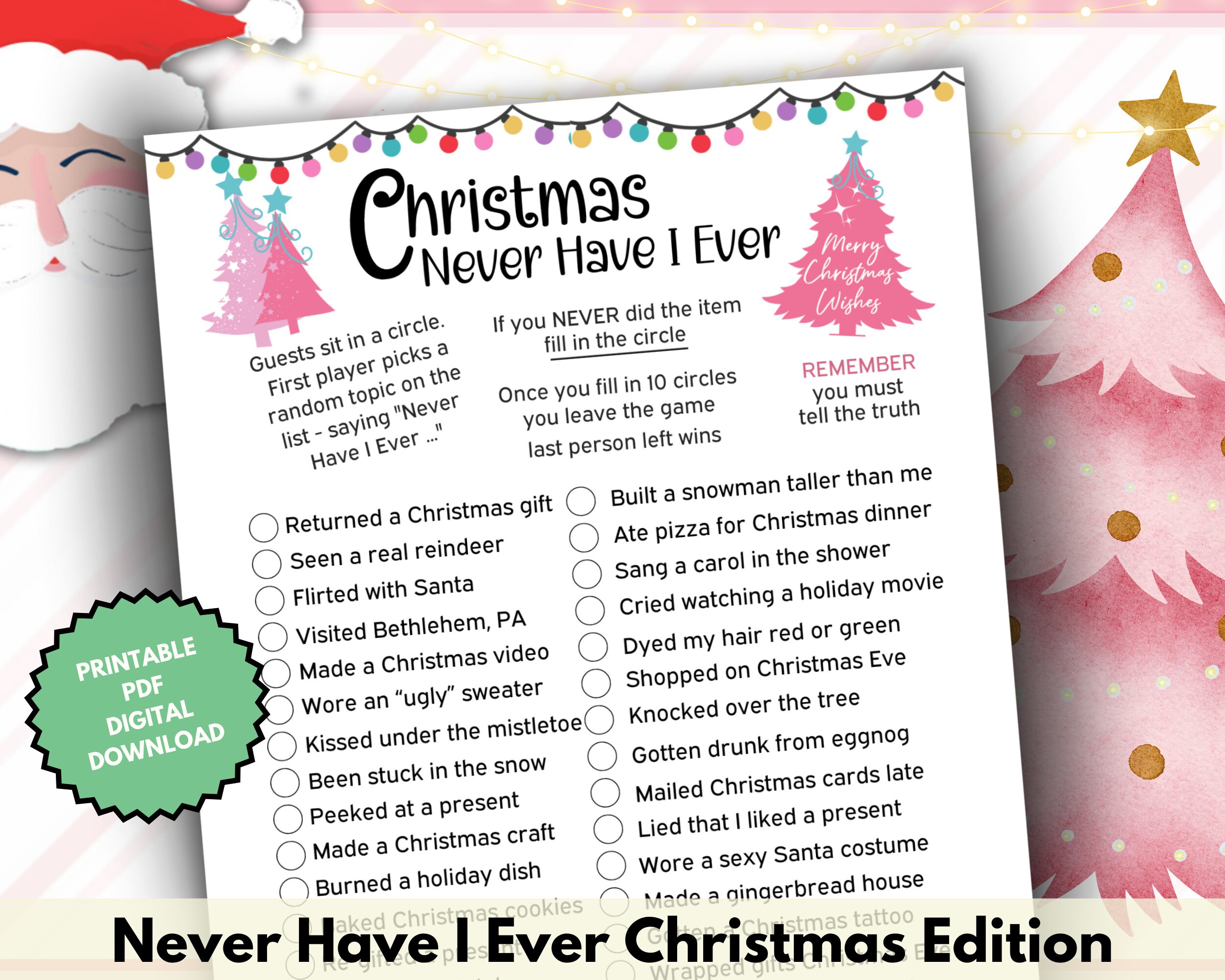 Never Have I Ever Pink Christmas Party Game, Friendsmas Ladies Night ...