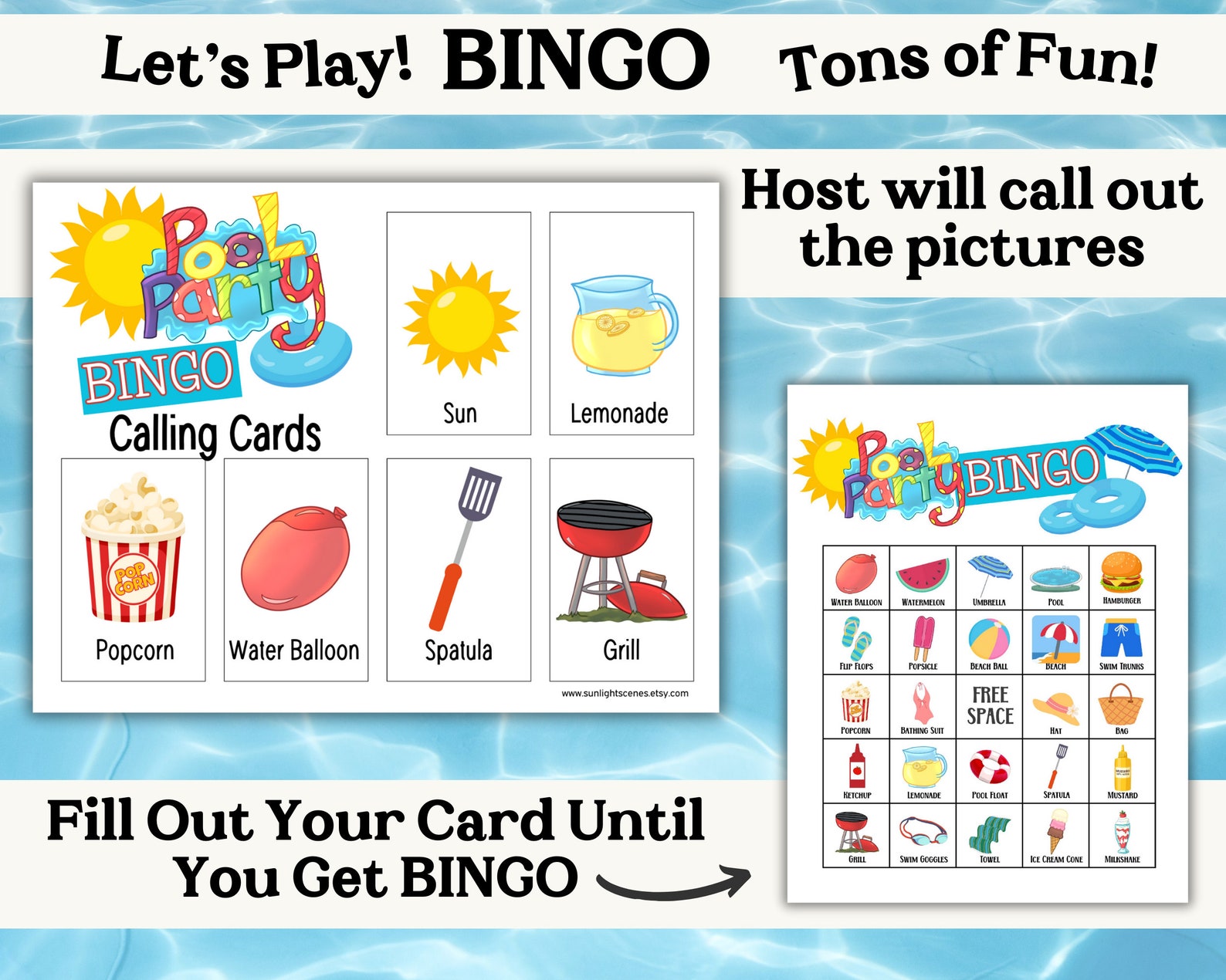 Pool Party Printable Bingo Cards, 100 Bingo Cards Family Reunion Games ...