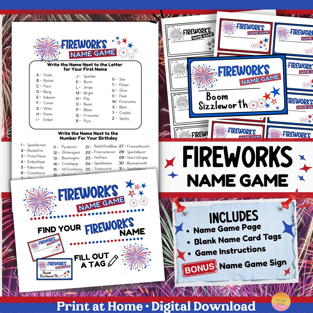 Fireworks Name Game Generator With Tags, Printable 4th of July Kids ...