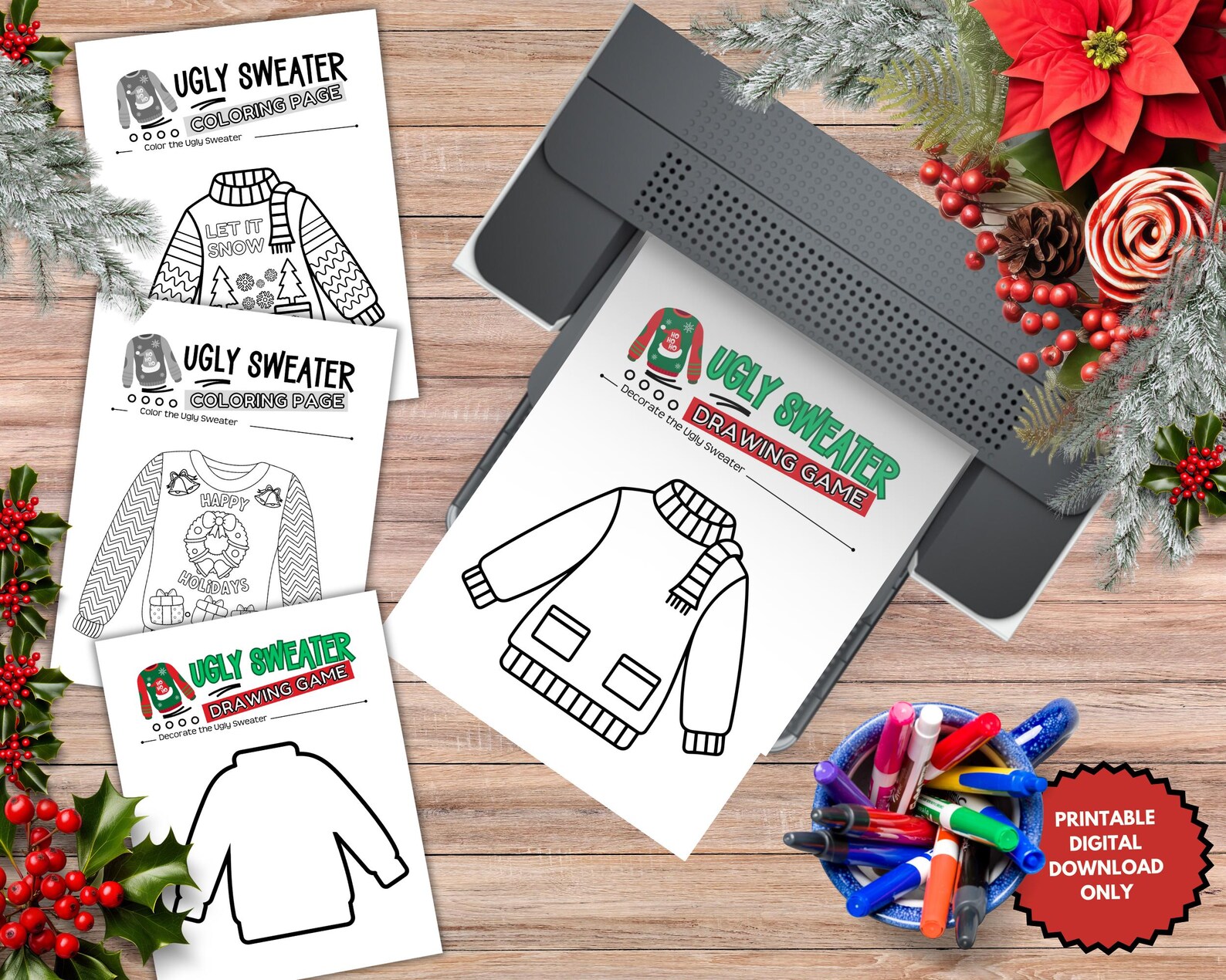 Ugly Sweater PDF Coloring Sheets, Christmas Holiday Kids Craft Drawing ...