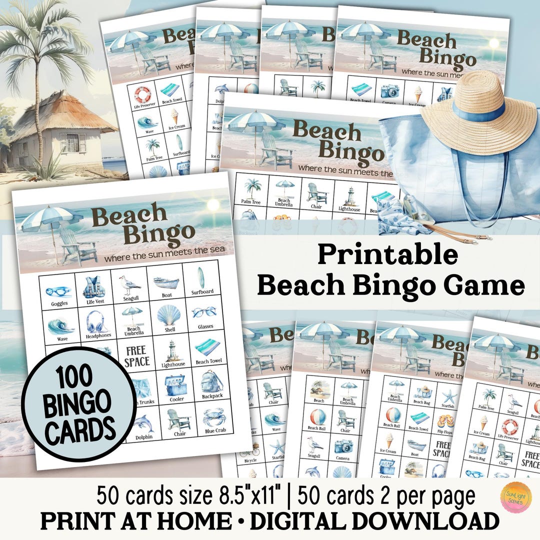 Beach Bingo Printable, Dusty Blue Ocean Nautical Baby Shower, Summer ...